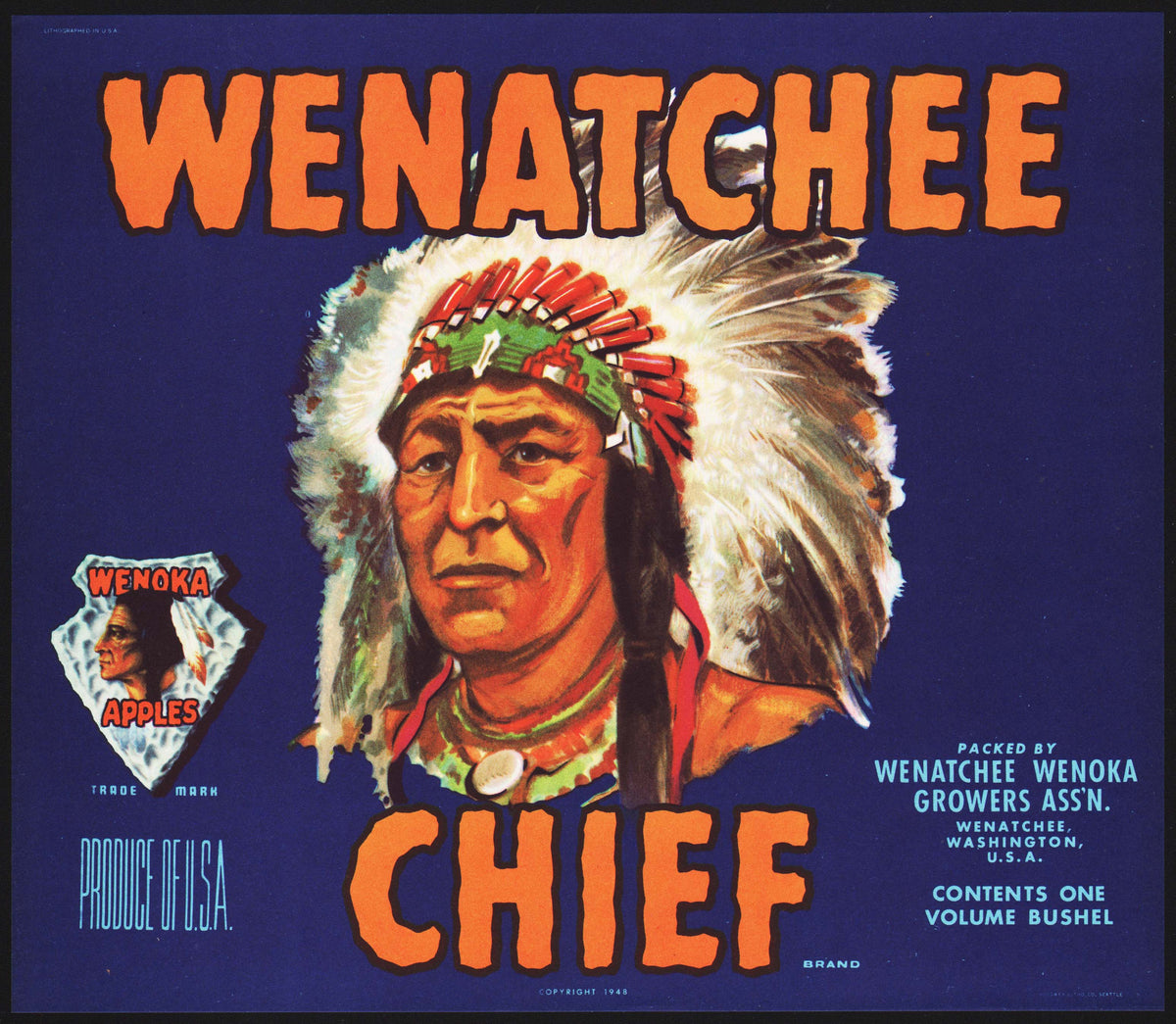 Vintage label WENATCHEE CHIEF indian pictured 1948 Washington unused n ...