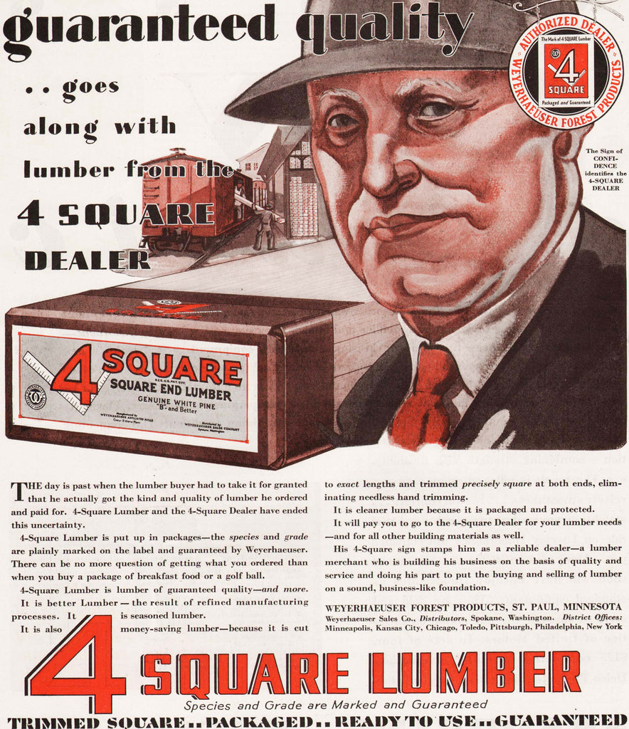 Vintage magazine ad 4 SQUARE LUMBER Weyerhaeuser from 1929 with man pi ...