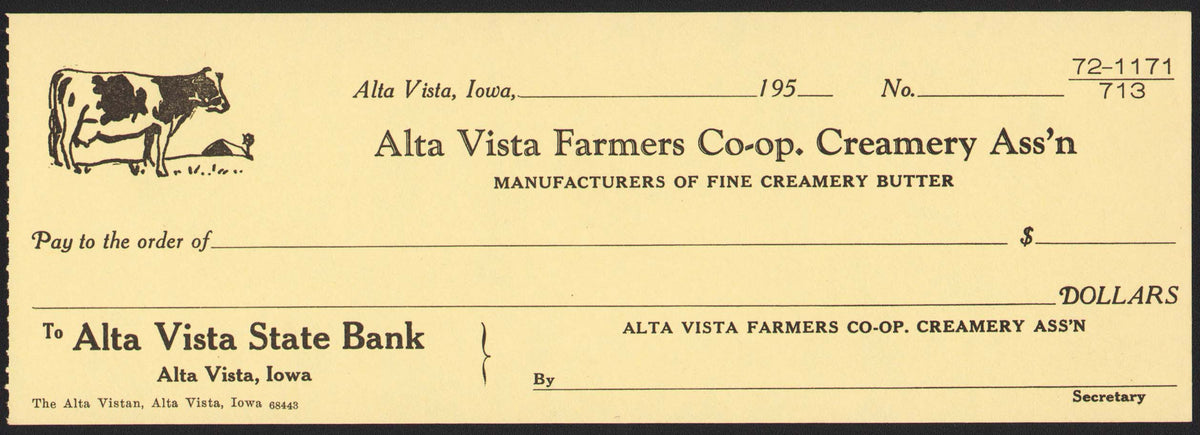 Vintage bank check ALTA VISTA FARMERS CO-OP CREAMERY ASSN cow picture ...