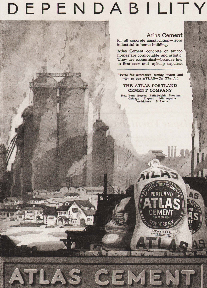 Vintage magazine ad ATLAS CEMENT 1919 picturing bags and a town with a ...