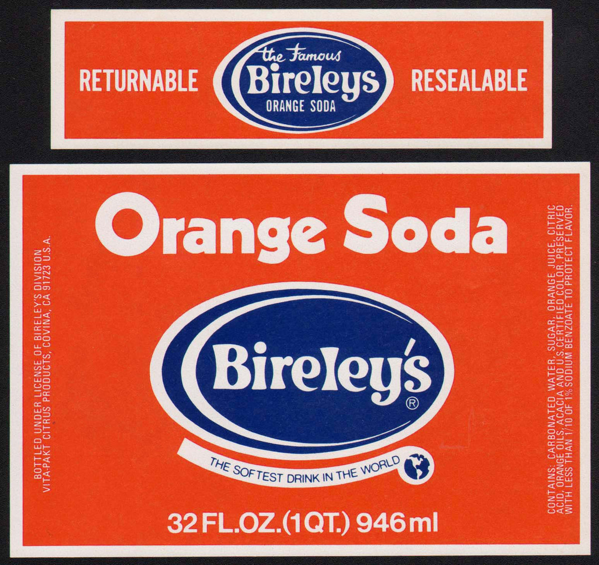 Vintage soda pop bottle label BIRELEYS ORANGE SODA Covina California n ...
