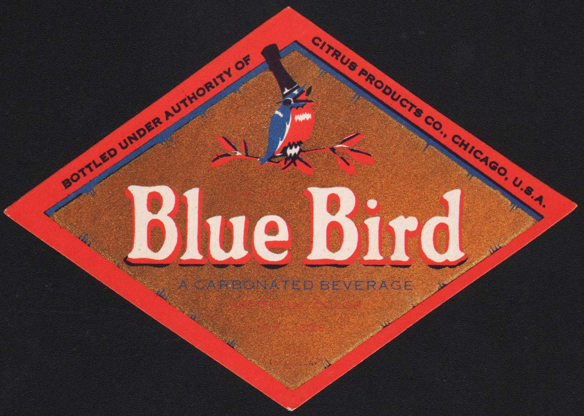 Vintage soda pop bottle label BLUE BIRD Citrus Products Chicago diamon ...