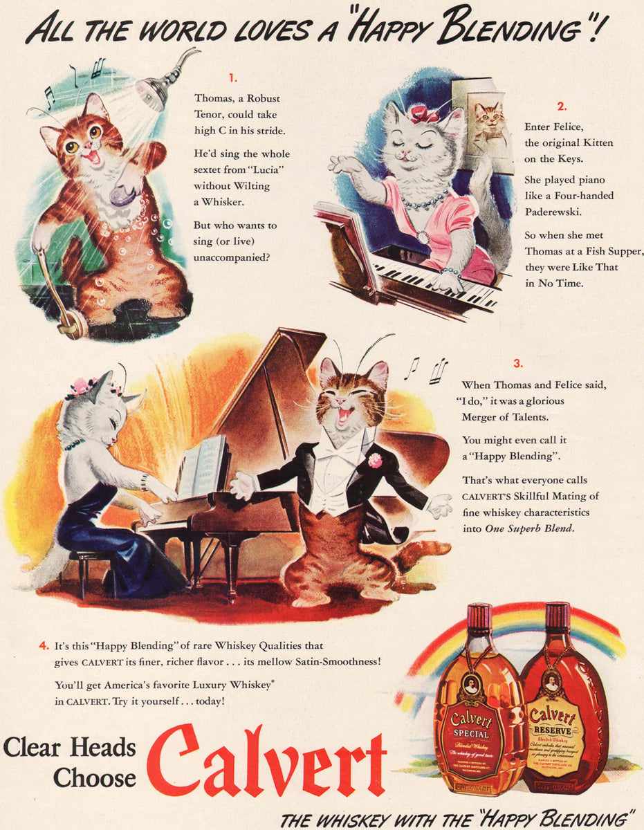 Vintage magazine ad CALVERT WHISKEY 1942 cats singing and playing pian ...