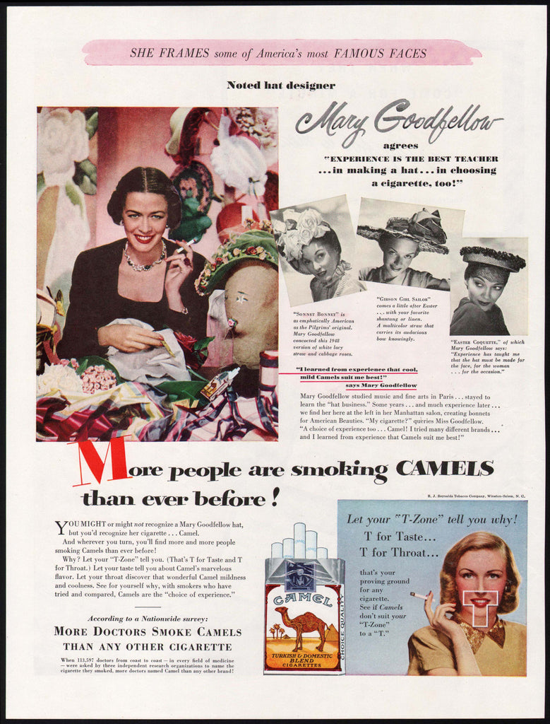 Vintage magazine ad CAMEL CIGARETTES 1948 Mary Goodfellow hat designer ...