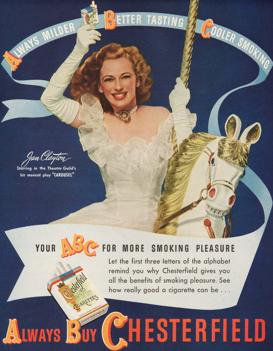 Vintage magazine ad CHESTERFIELD CIGARETTES 1945 Jan Clayton on a caro ...
