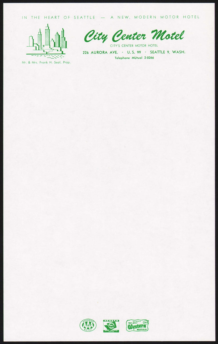 Vintage letterhead CITY CENTER MOTEL skyline pictured US 99 Seattle Wa ...