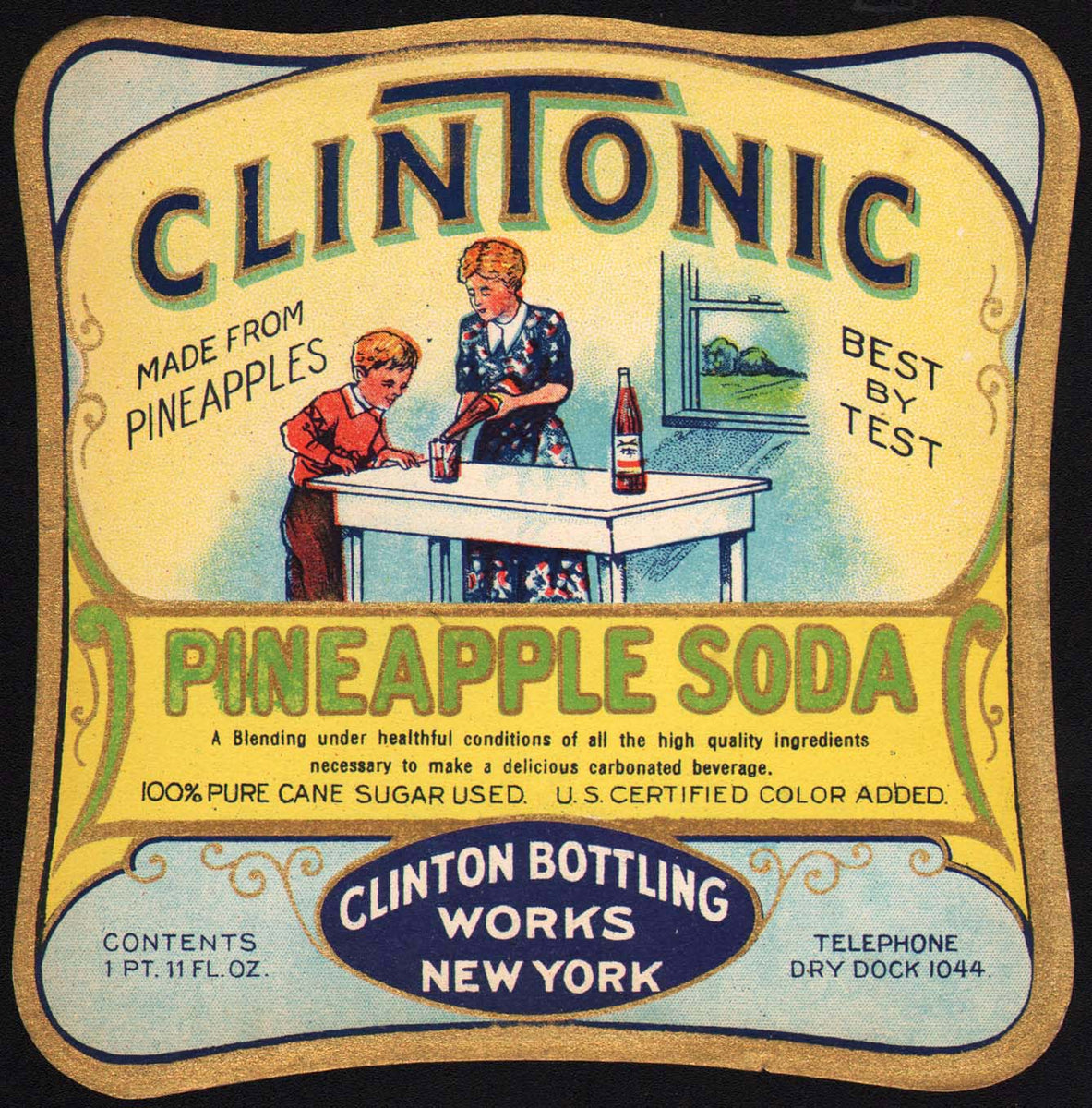 Vintage soda pop bottle label CLINTONIC PINEAPPLE mother and son New Y ...
