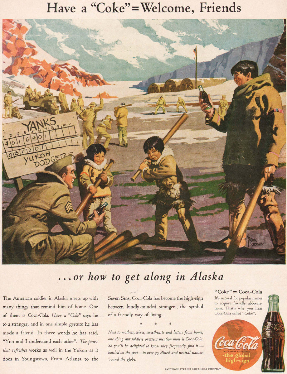 Vintage magazine ad COCA COLA 1943 American soldier and children baseb ...