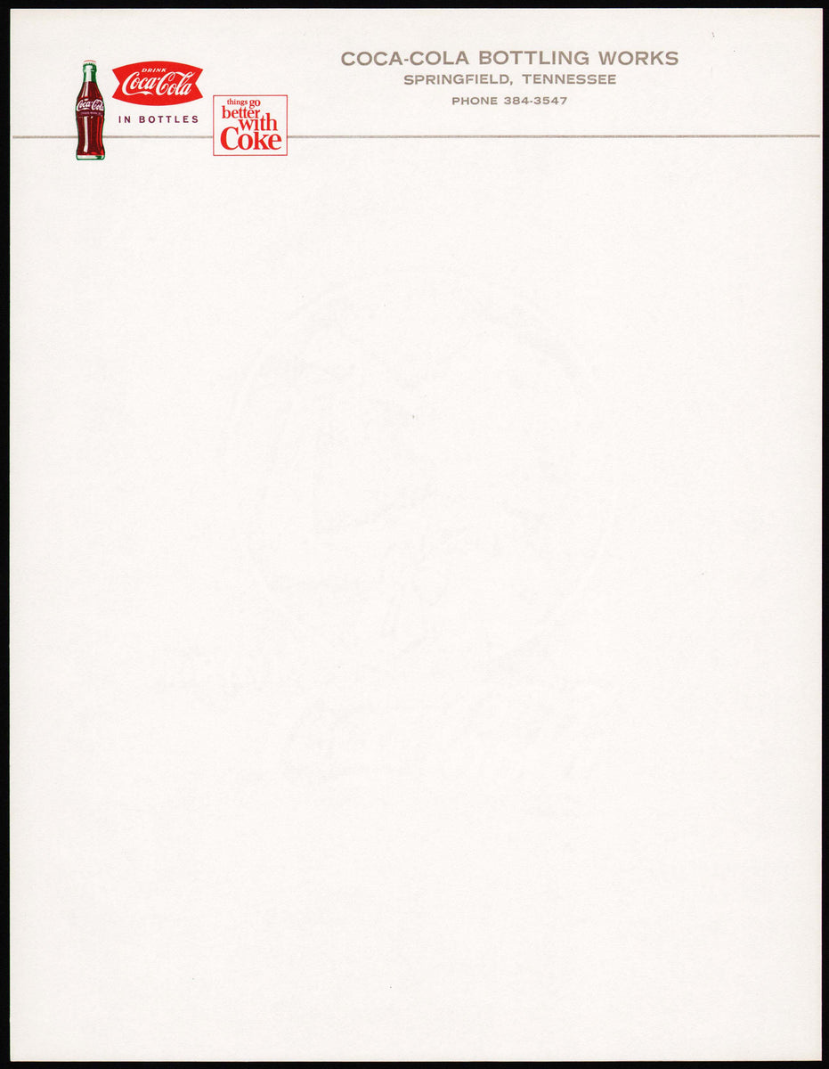 Vintage letterhead COCA COLA bottle fishtail logo Springfield Tennesse ...