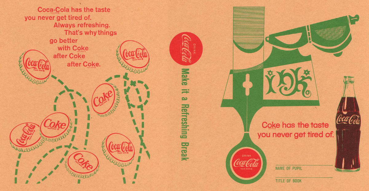 Vintage book cover COCA COLA dated 1967 picturing a bottle and caps un ...