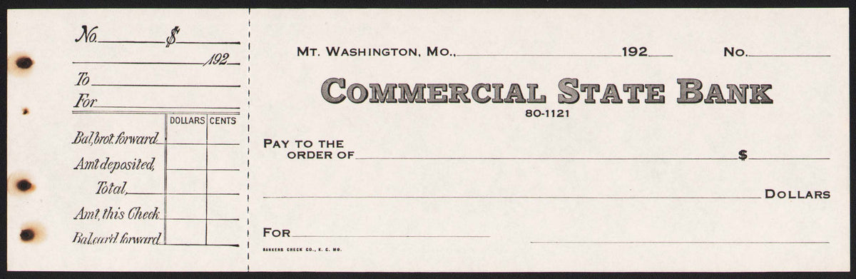Vintage bank check COMMERCIAL STATE BANK Mt Washington Missouri 1920s ...