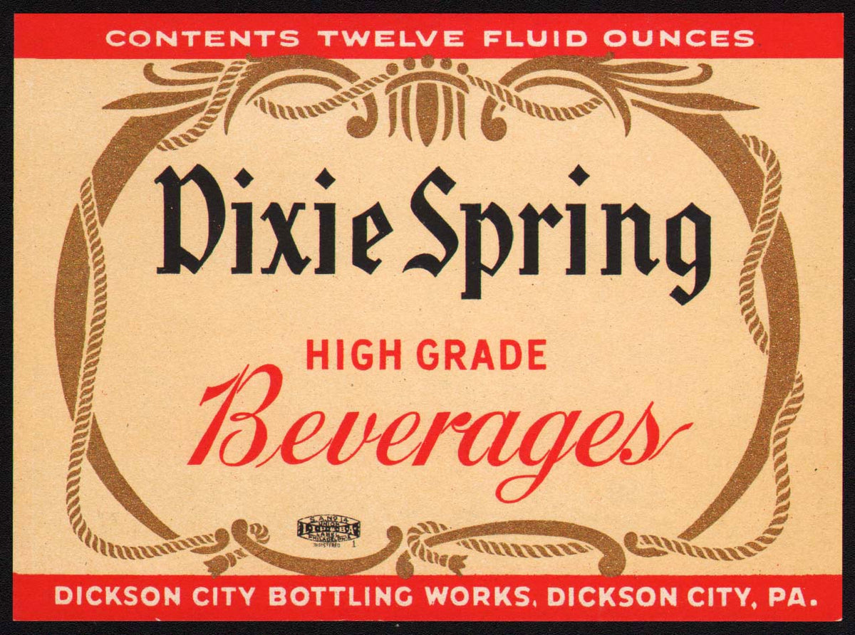 Vintage soda pop bottle label DIXIE SPRING BEVERAGES Dickson City PA n ...