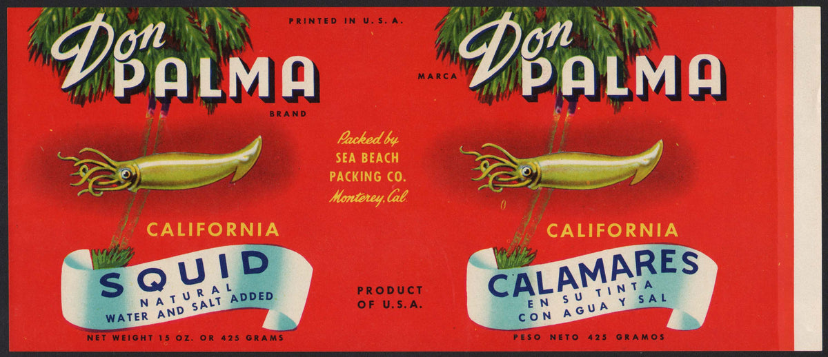 Vintage label DON PALMA Squid palm trees pictured Sea Beach Monterey C ...