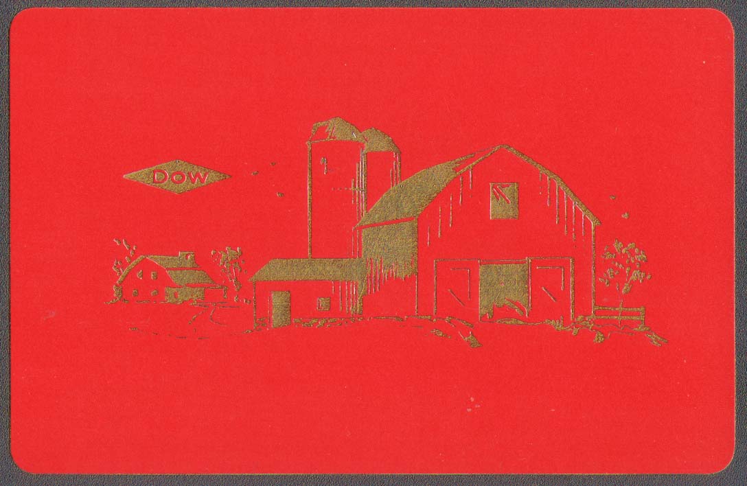 Vintage playing card DOW red and gold picturing a farm scene with barn ...