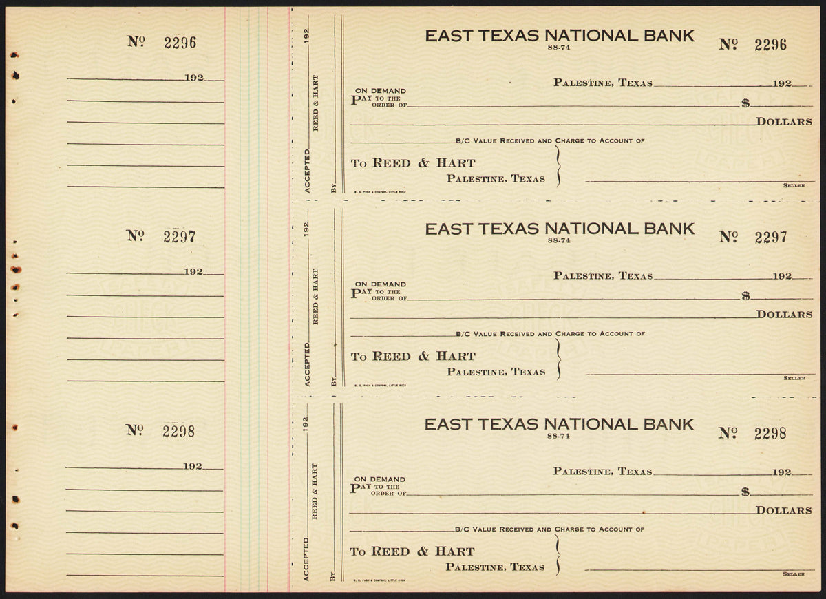 Vintage bank checks EAST TEXAS NATIONAL BANK 1920s Palestine Texas 3 c ...