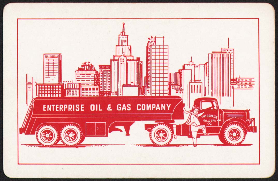 Vintage playing card ENTERPRISE OIL and GAS COMPANY truck and city sky ...