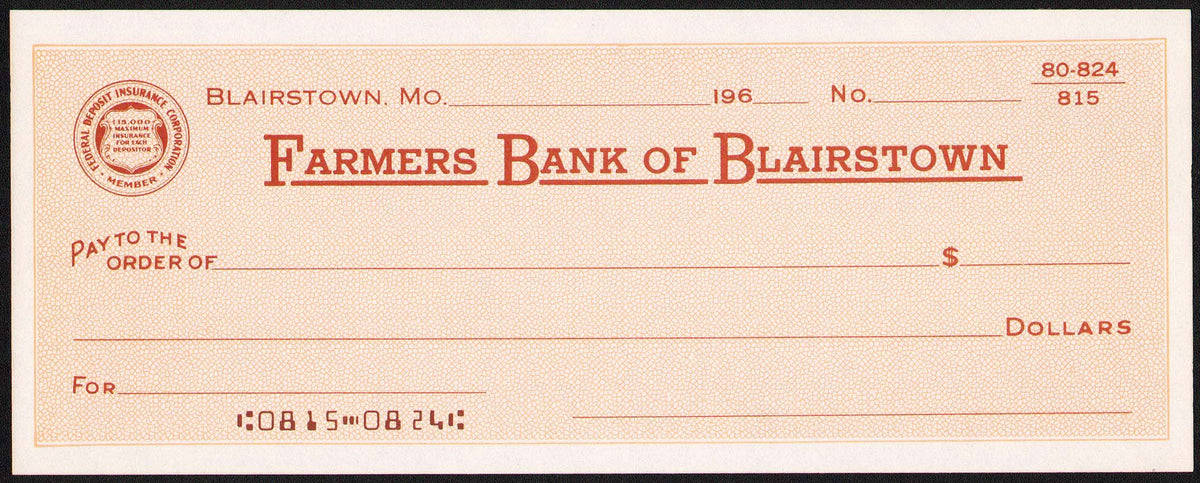 Vintage bank check FARMERS BANK OF BLAIRSTOWN #2 Missouri 1960s unused ...