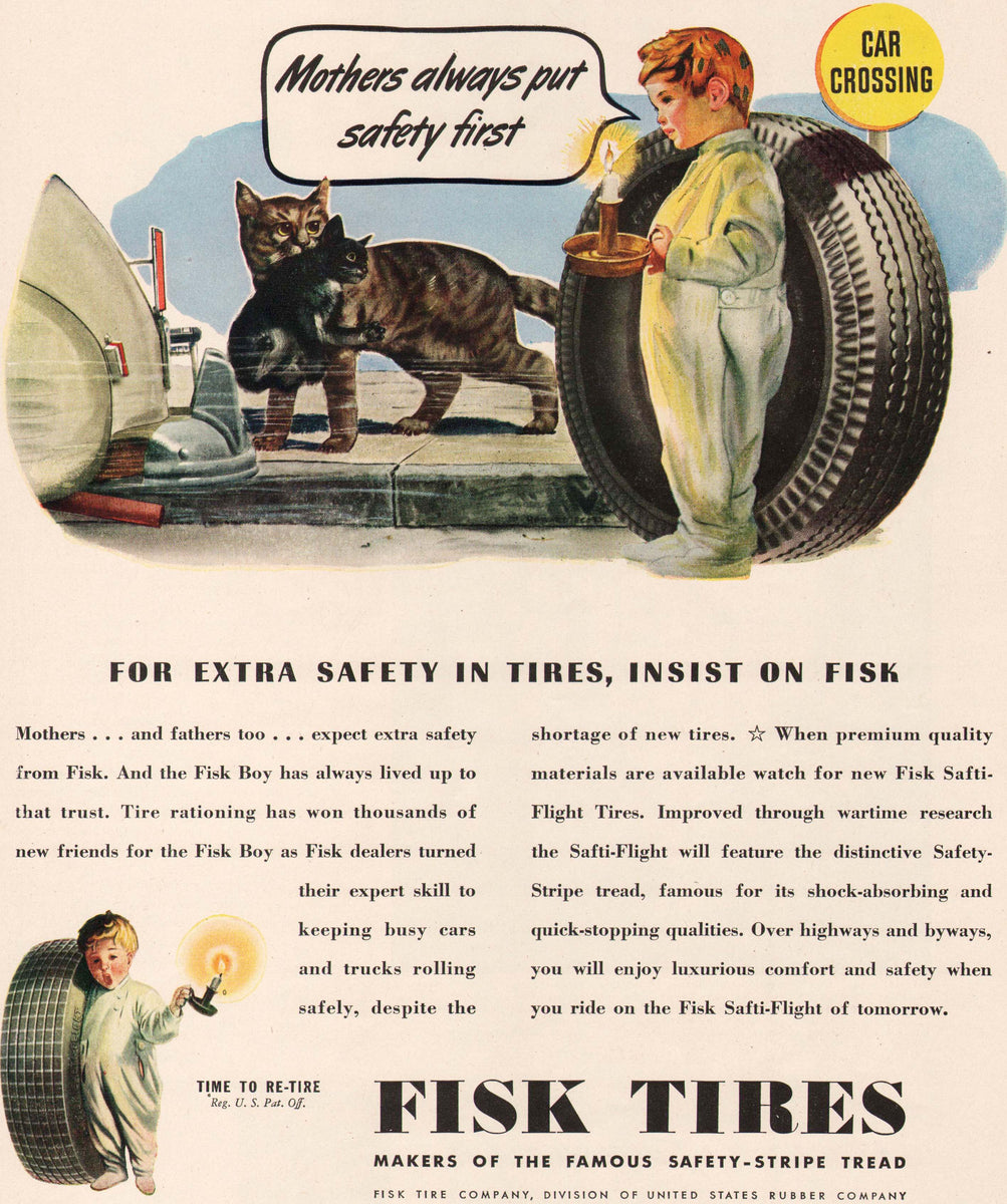 Vintage magazine ad FISK TIRES 1945 Fisk Boy and mother cat with kitte ...