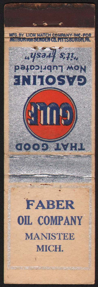 Vintage matchbook cover GULF gasoline oil Faber Oil Company Manistee M ...