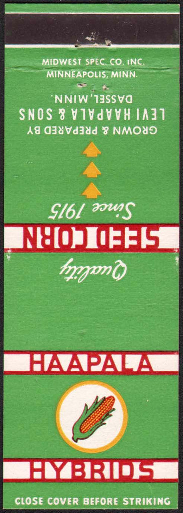 Vintage matchbook cover HAAPALA HYBRIDS Seed corn pictured Dassel Minn ...