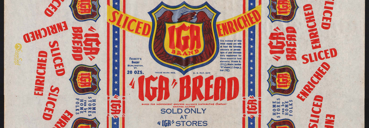 Vintage bread wrapper IGA BRAND Fassetts Burlington Vermont 1942 new o ...