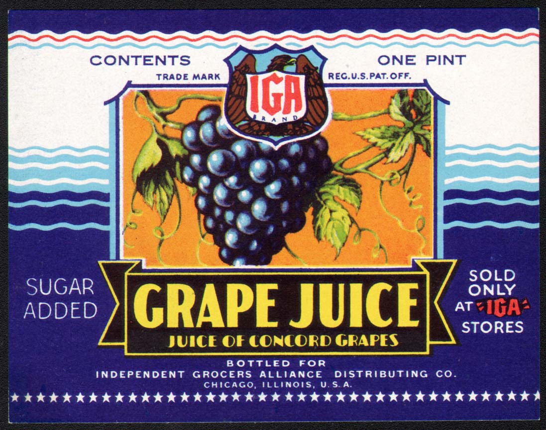 Vintage label IGA GRAPE JUICE grapes pictured Independent Grocers Chic ...