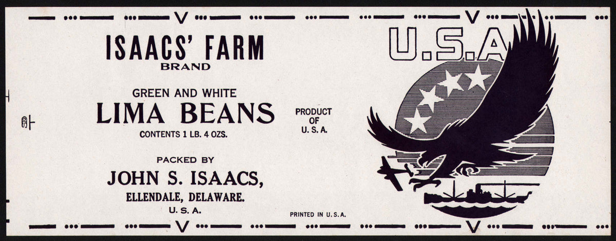 Vintage label ISAACS FARM LIMA BEANS screaming eagle Ellendale Delawar ...