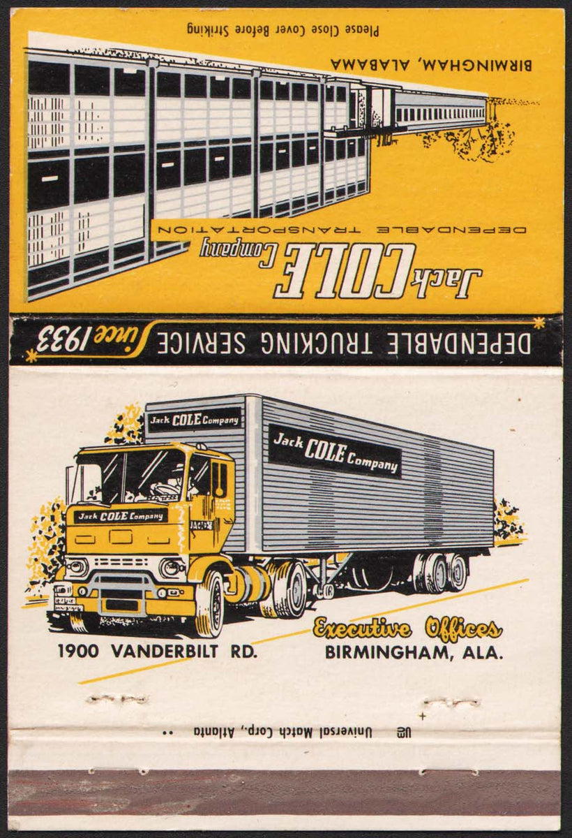Vintage matchbook cover JACK COLE COMPANY truck pictured Birmingham Al ...