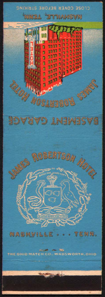 Vintage matchbook cover JAMES ROBERTSON HOTEL with hotel pictured Nash ...
