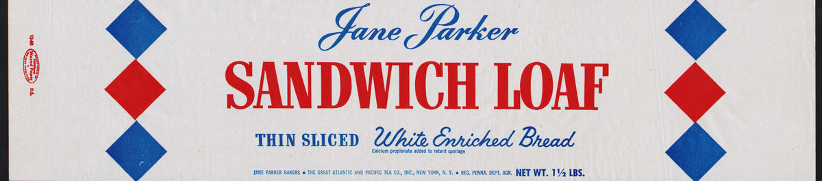Vintage bread wrapper JANE PARKER SANDWICH LOAF dated 1960 A and P new ...