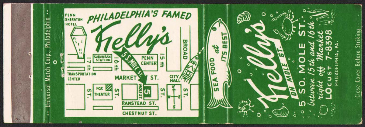 Vintage matchbook cover KELLYS On Mole St seafood and map pictured Phi ...