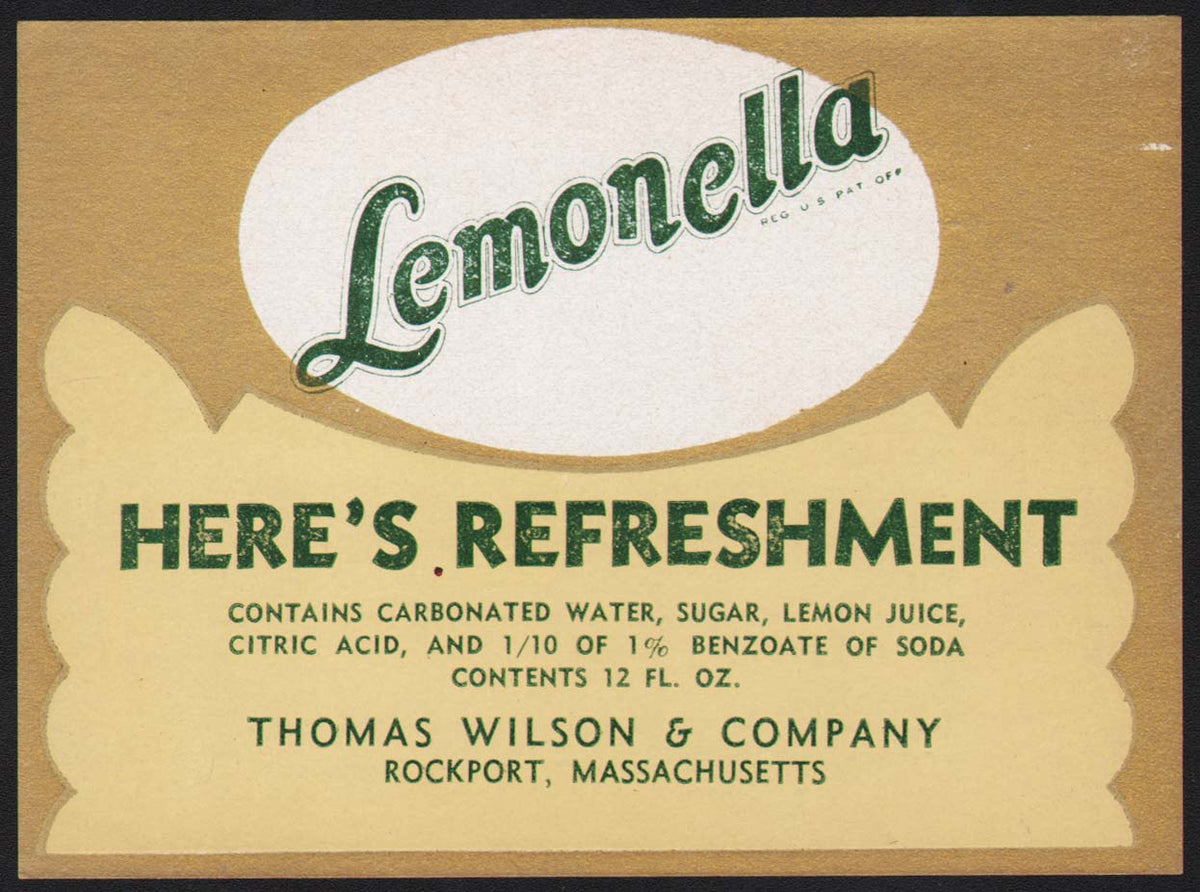 Vintage soda pop bottle label LEMONELLA Here's Refreshment Thomas Wils ...
