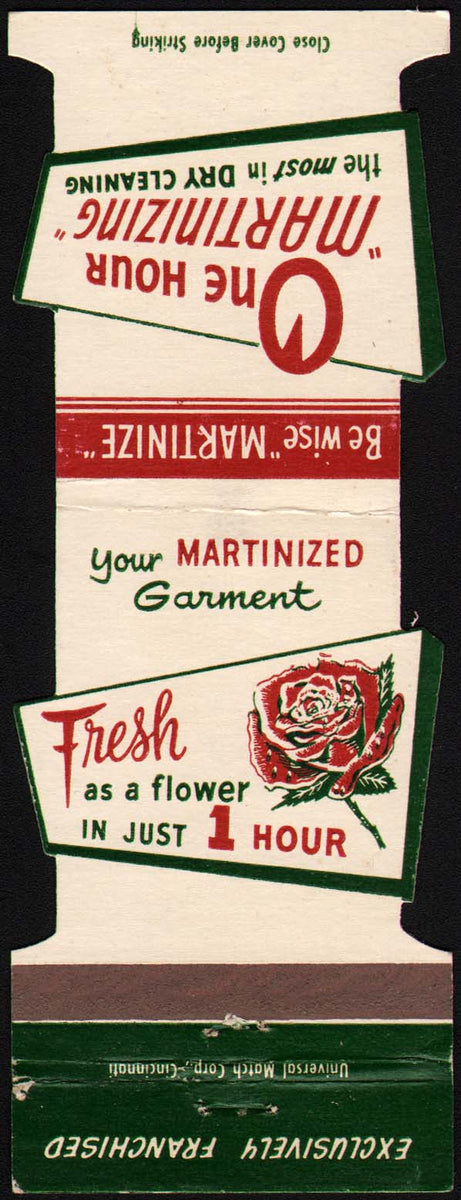 Vintage matchbook cover ONE HOUR MARTINIZING Dry Cleaning rose picture ...