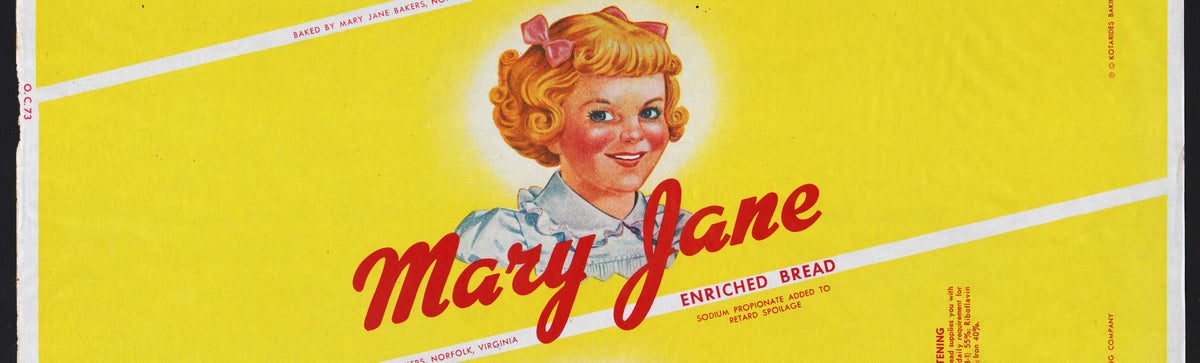Vintage bread wrapper MARY JANE dated 1958 girl pictured Norfolk Virgi ...