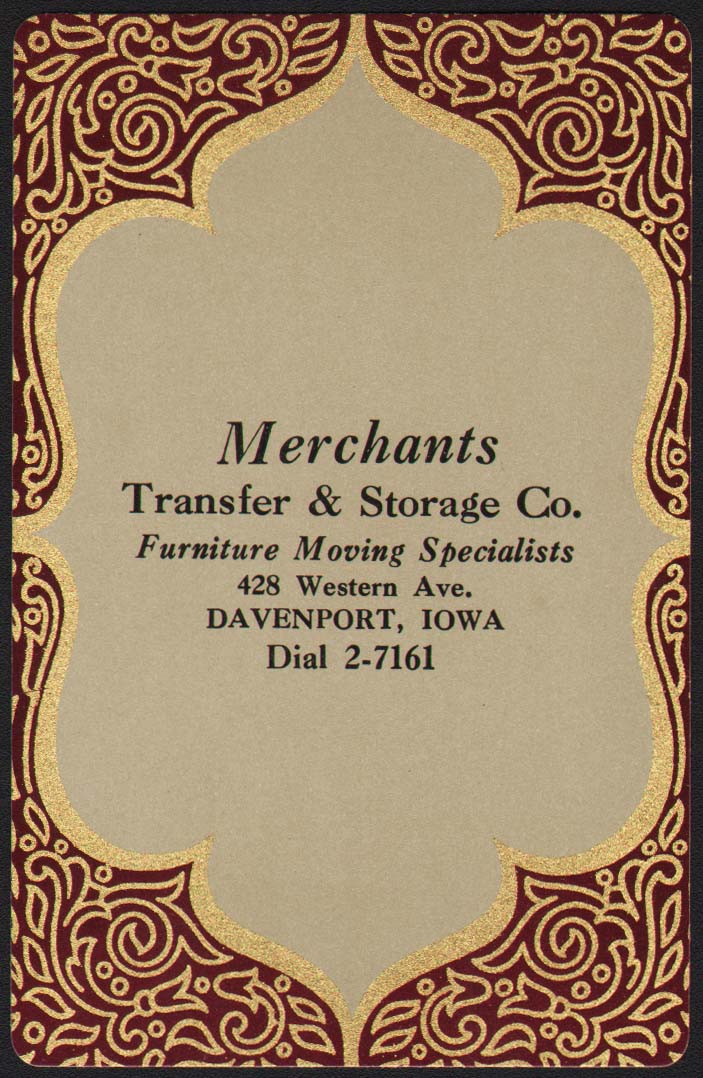 Vintage playing card MERCHANTS TRANSFER STORAGE maroon background Dave ...