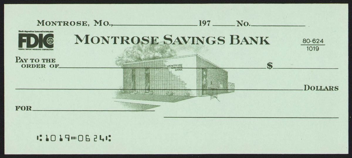 Vintage bank check MONTROSE SAVINGS BANK Missouri bank pictured new ol ...