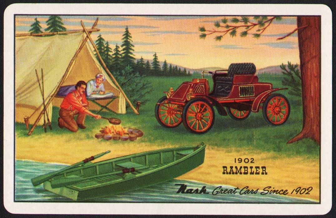 Vintage playing card NASH man and woman camping picturing a 1902 Rambl ...
