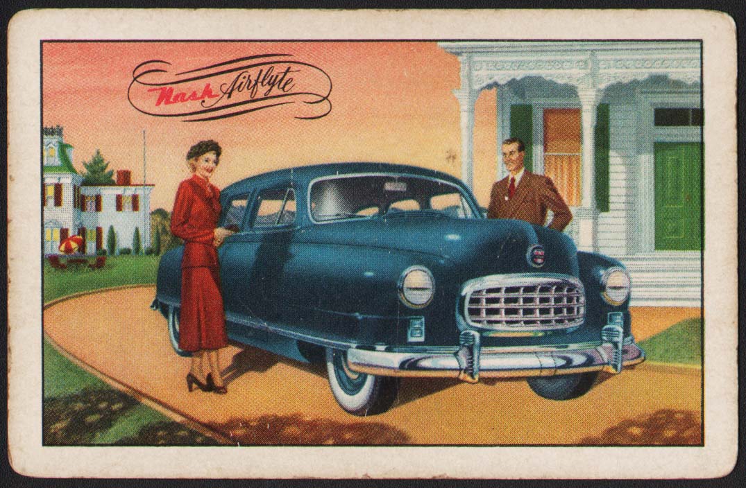 Vintage playing card NASH picturing a man and woman by a blue Nash Air ...