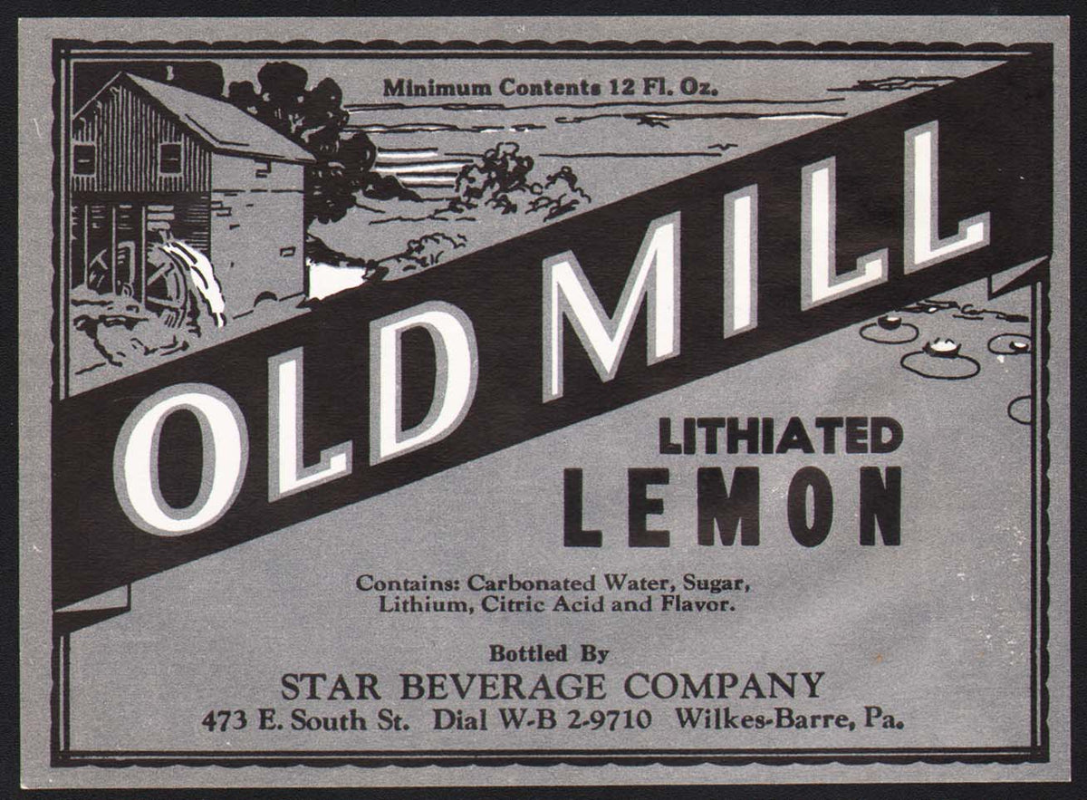 Vintage soda pop bottle label OLD MILL LITHIATED LEMON Star Wilkes Bar ...