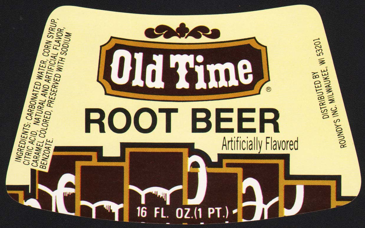 Vintage soda pop bottle label OLD TIME ROOT BEER Roundys Milwaukee Wis ...
