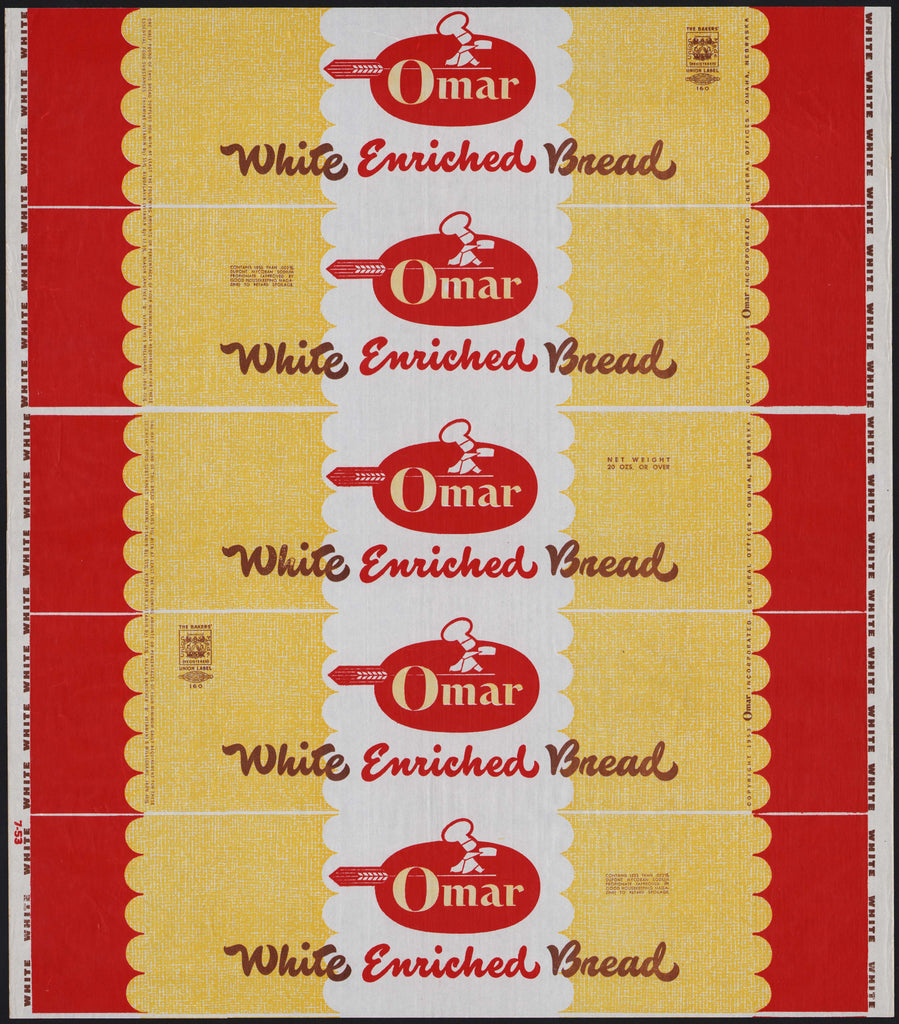 Vintage bread wrapper OMAR WHITE BREAD baker pictured 1953 Omaha new o ...