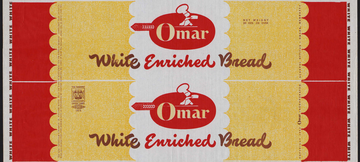 Vintage bread wrapper OMAR WHITE BREAD baker pictured 1953 Omaha new o ...