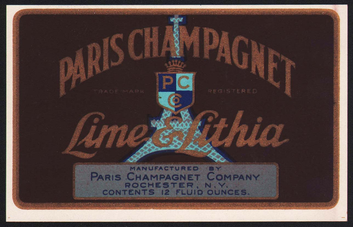 Vintage soda pop bottle label PARIS LIME LITHIA 12oz Eiffel Tower Roch ...