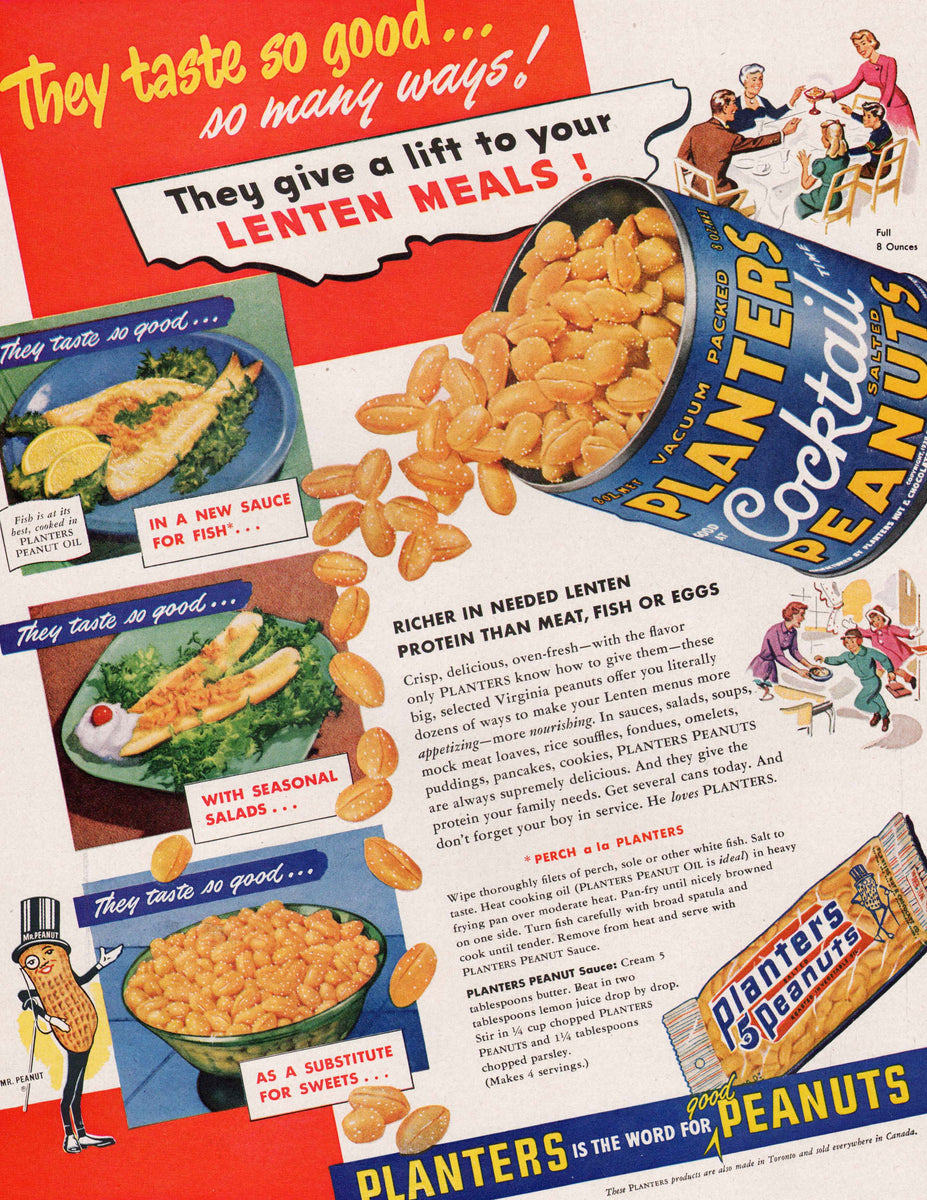 Vintage magazine ad PLANTERS Mr Peanut from 1952 tin and bar pictured ...