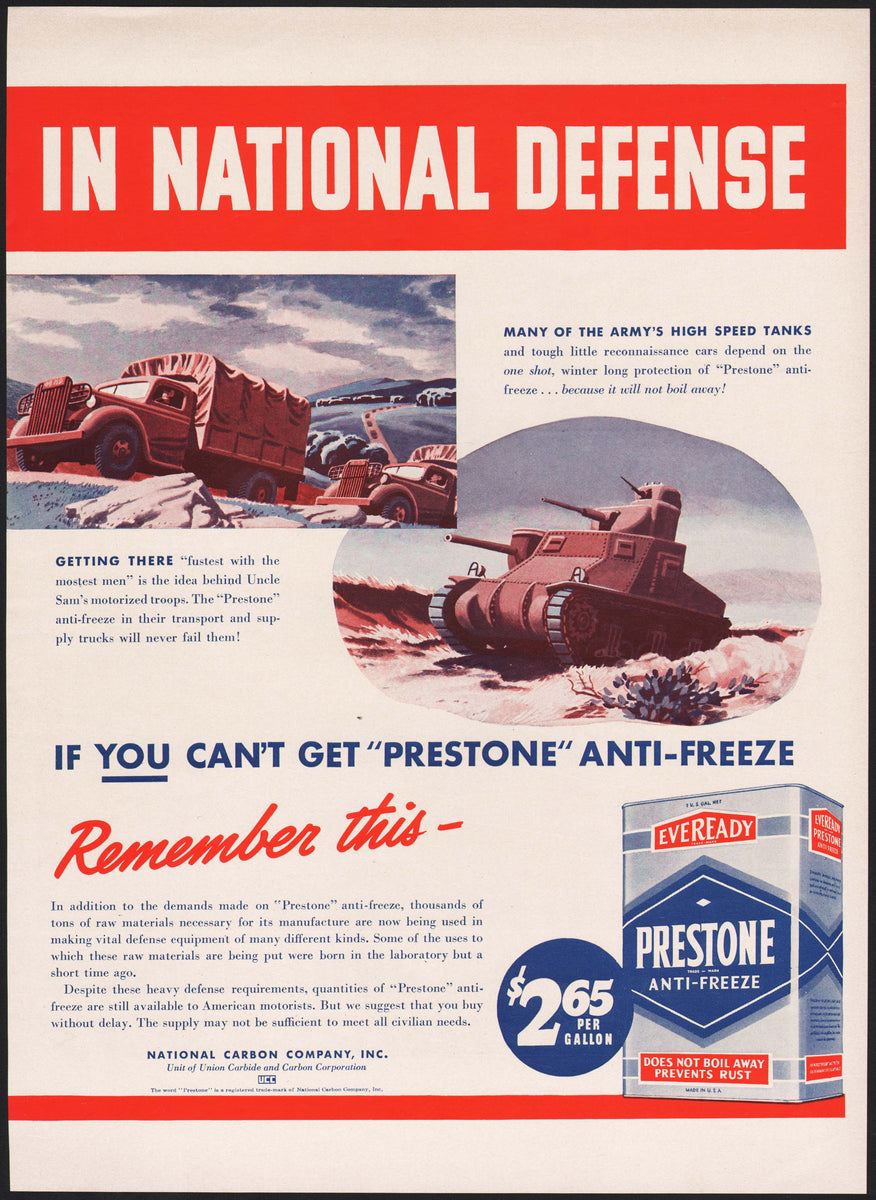 Vintage magazine ad PRESTONE ANTI-FREEZE from 1941 tank aircraft carri ...