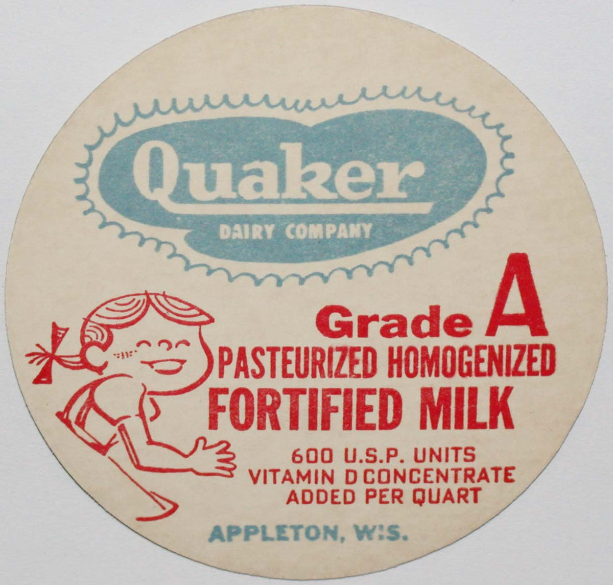 Vintage milk bottle cap QUAKER DAIRY COMPANY girl pictured large Apple ...