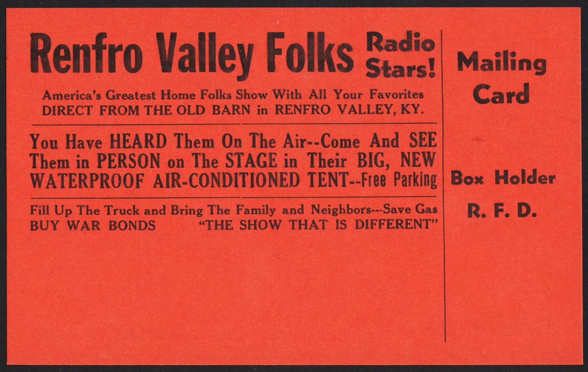 Vintage mailing card RENFRO VALLEY FOLKS Radio Stars orange Kentucky n ...