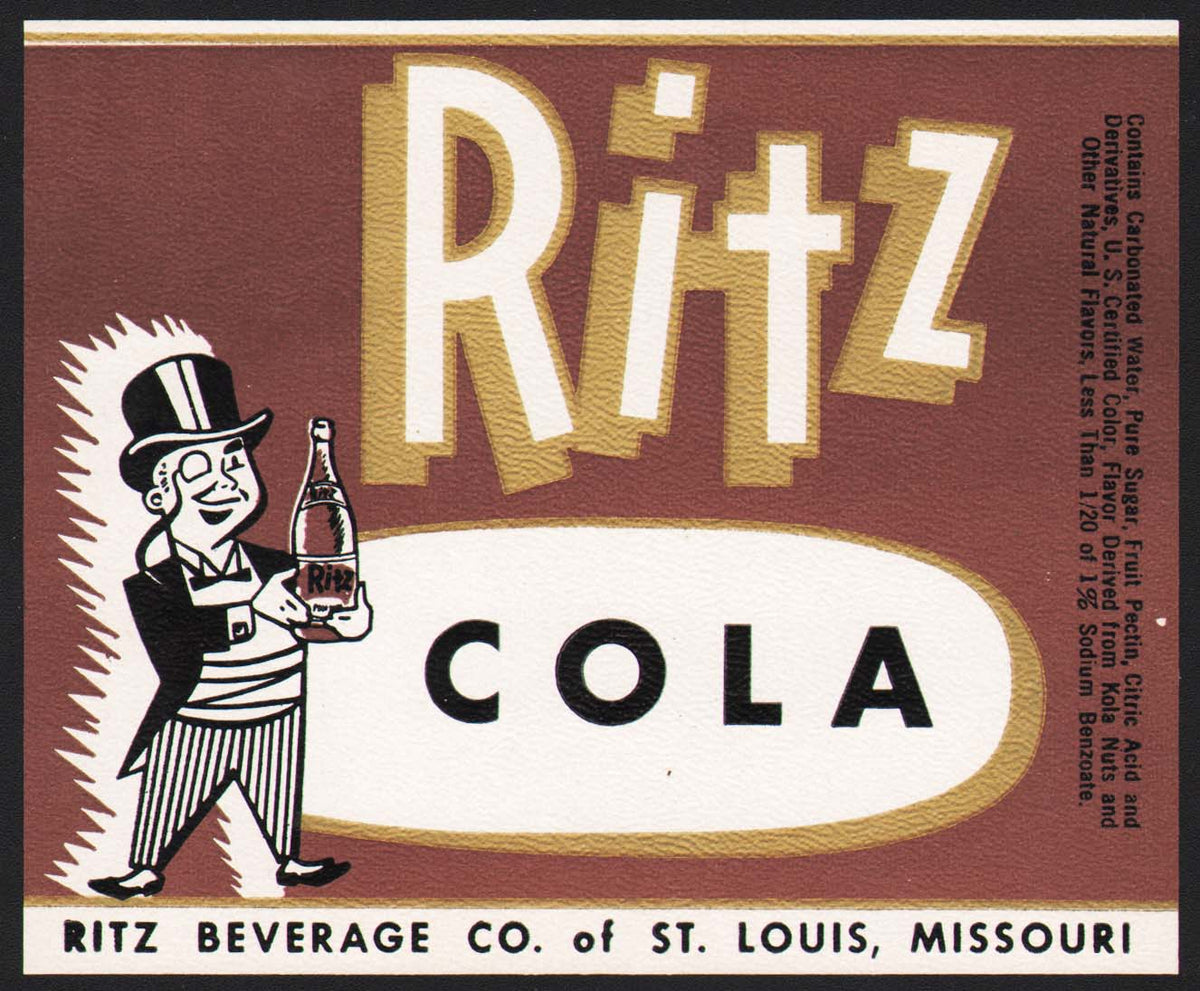 Vintage soda pop bottle label RITZ COLA small size St Louis Missouri u ...