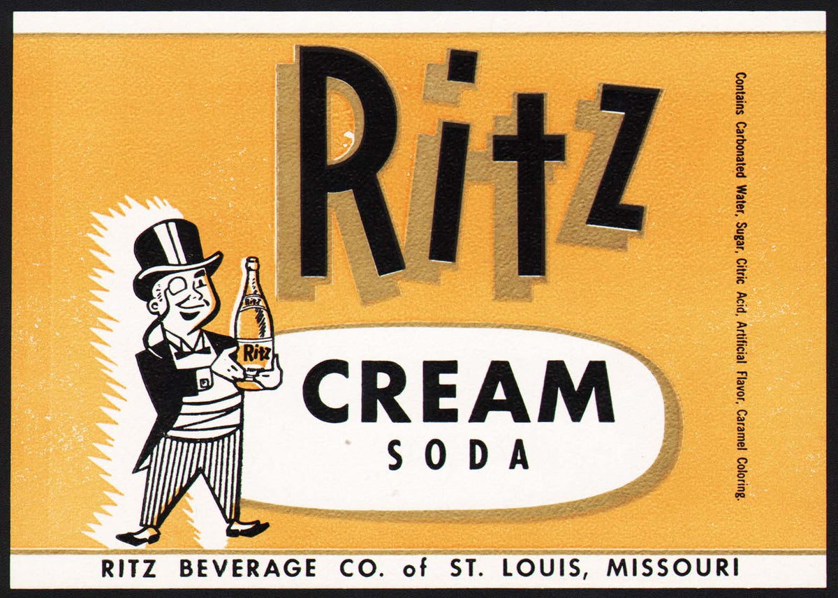 Vintage soda pop bottle label RITZ CREAM SODA St Louis Missouri new ol ...