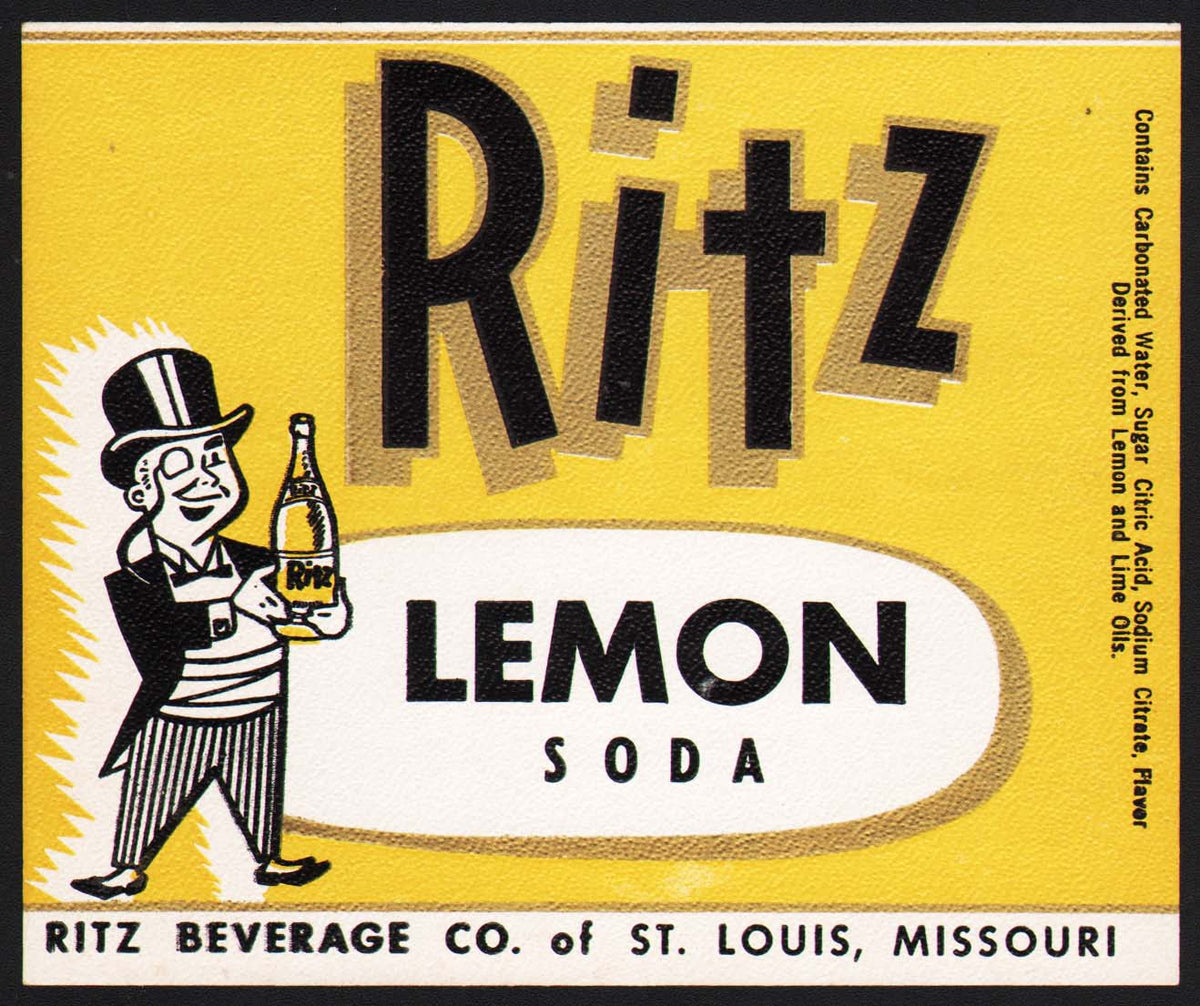 Vintage soda pop bottle label RITZ LEMON SODA man in top hat St Louis ...